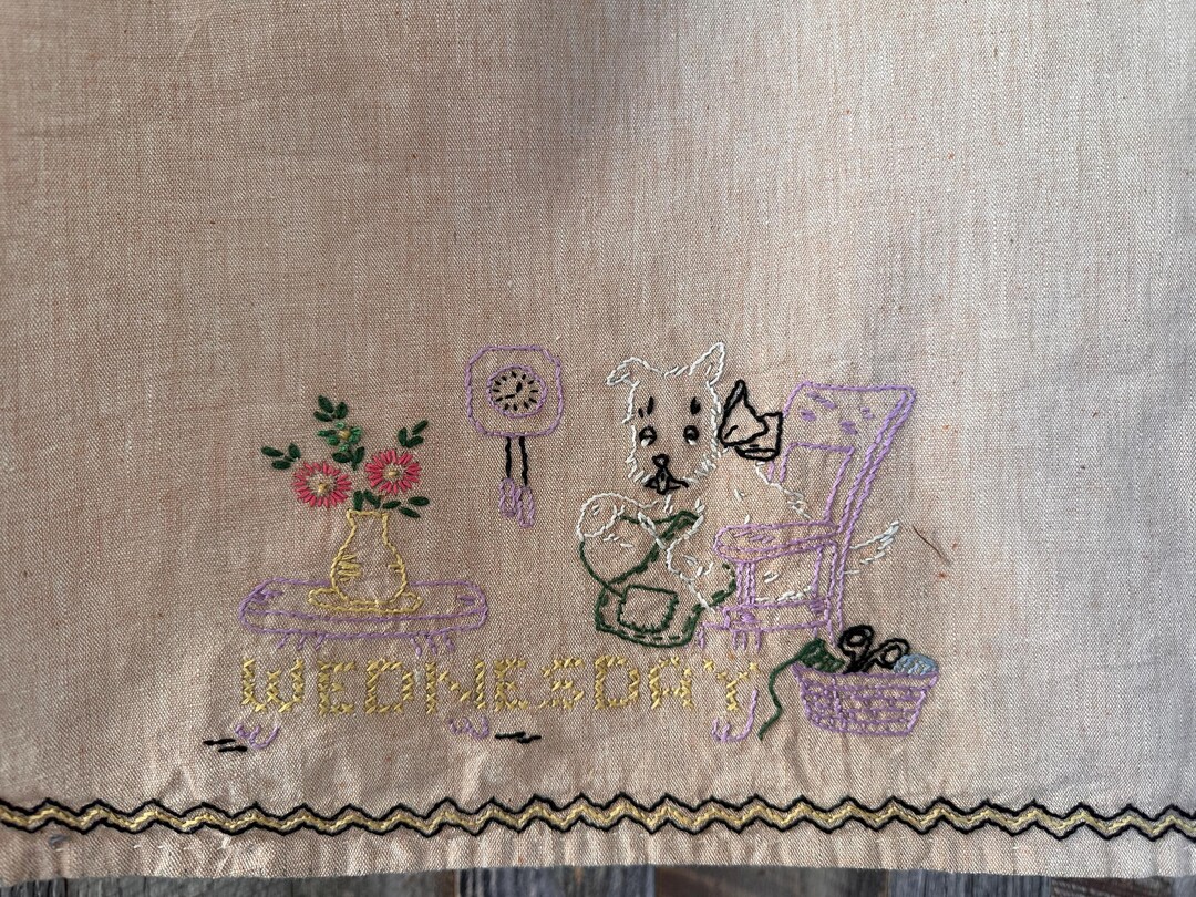Vintage Embroidered Terrier Dog Sewing Wednesday Dish Towel Linen 1930 ...