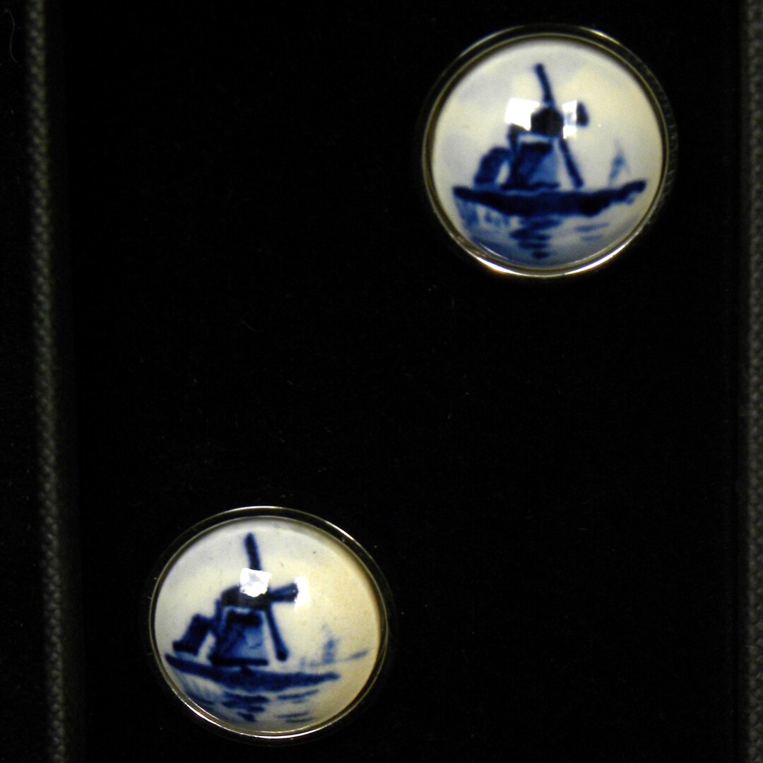 Royal Delft Blue Handpainted Cufflinks Round Windmill porceleyne Fles ...