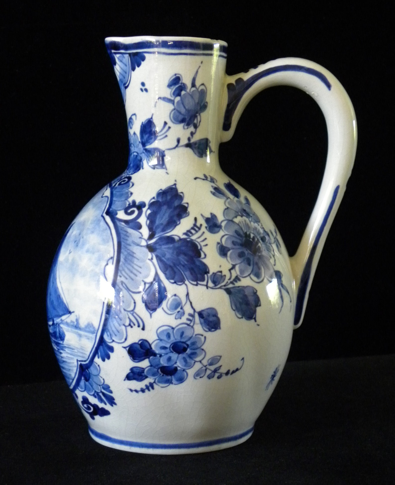 Royal Delft Blue (1951) Handpainted Jug With Sailing Boat and Floral ...