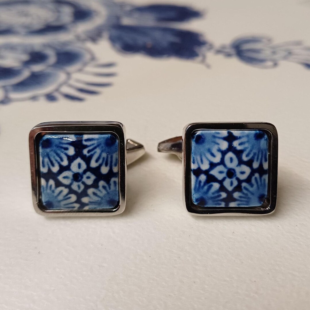 Royal Delft Blue Handpainted Cufflinks Square Floral Design (porceleyne ...