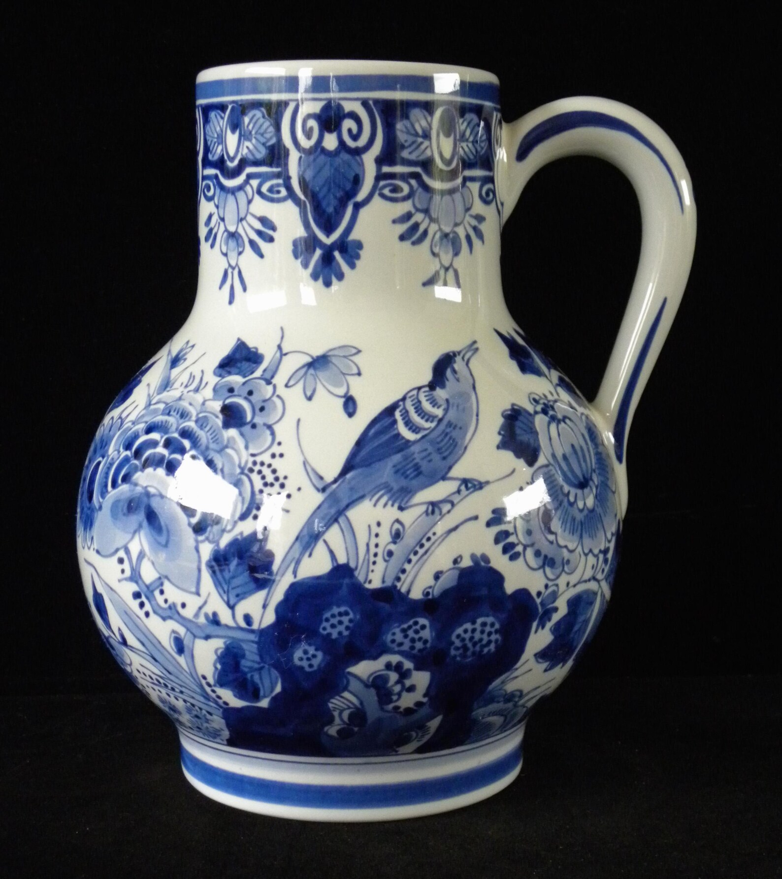 Royal Delft Blue (1991) Large Handpainted Jug With Bird and Floral ...