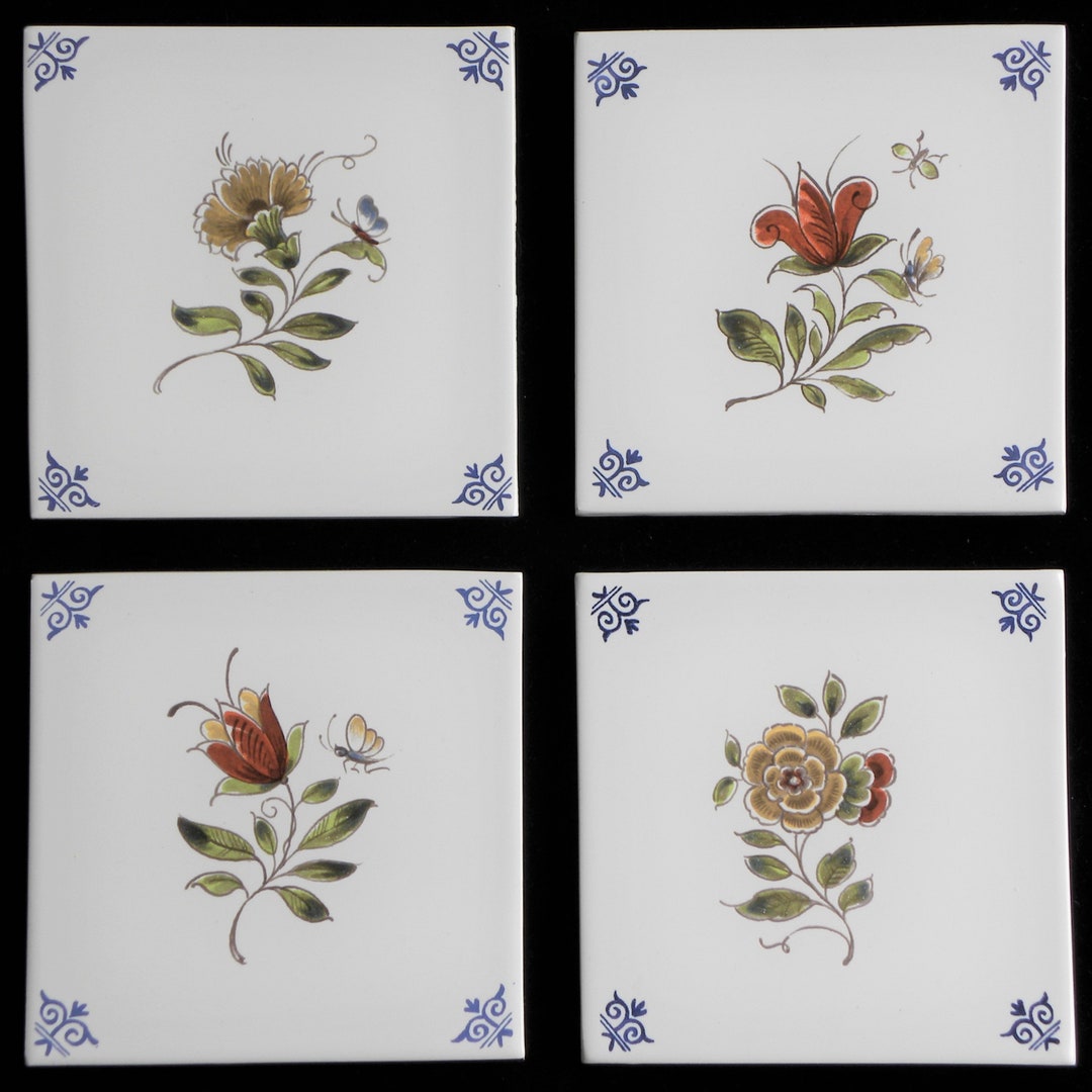 Royal Delft FOUR Handmade Polychrome Flower Tiles porceleyne - Etsy