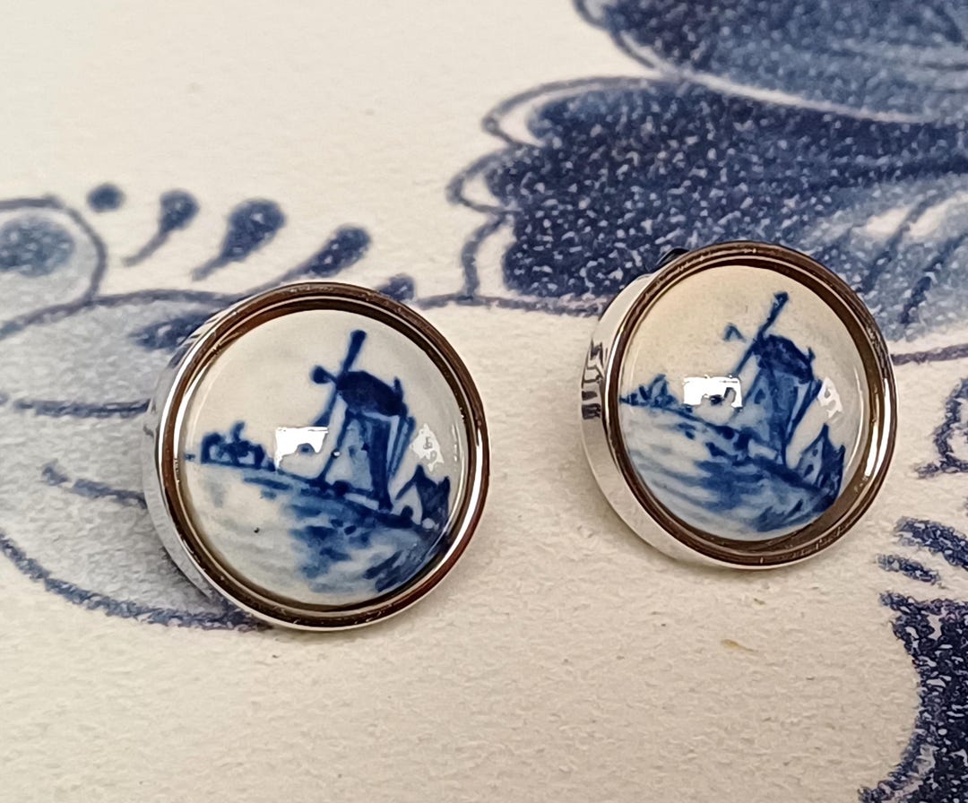 Royal Delft Blue Handpainted Round Cufflinks With Windmill (porceleyne ...