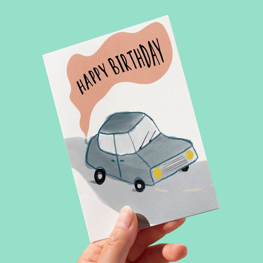 Car Birthday Card, Illustrated Car Birthday Card, Blank Inside, FREE UK ...