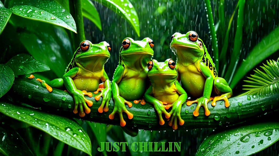 Just Chillin Frog Family Print: Tree Frogs in Rainstorm (digital ...
