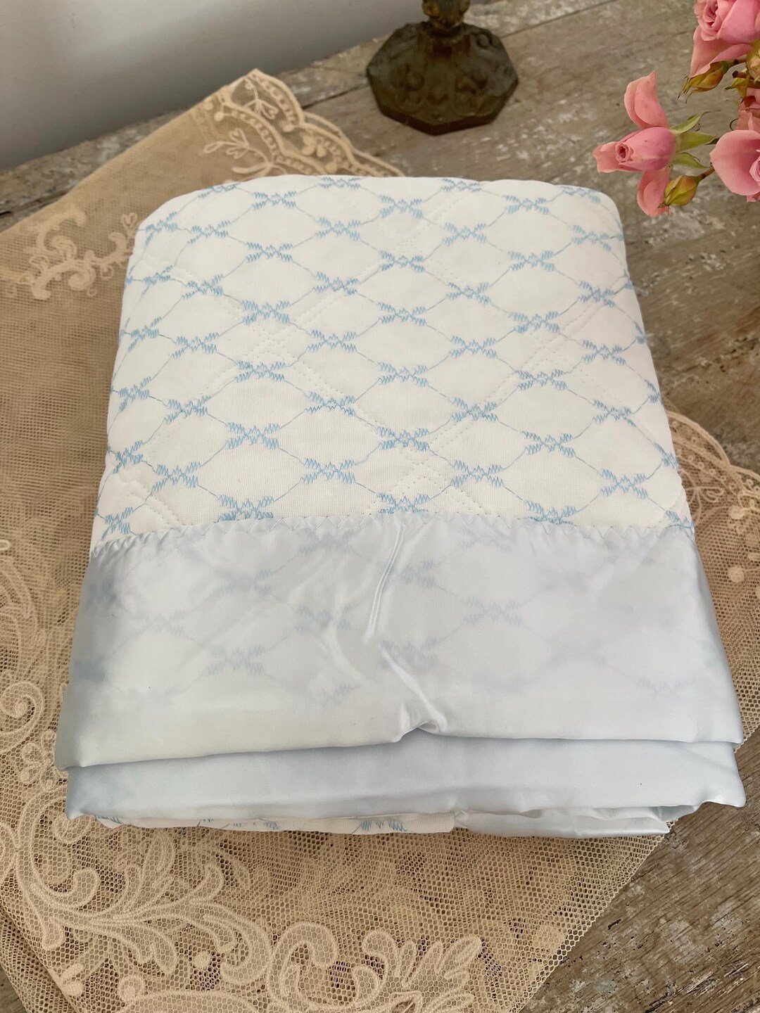 The Prettiest Shabby 1960s" Lap Quilt Toss Throw Lacey Covered Blue ...