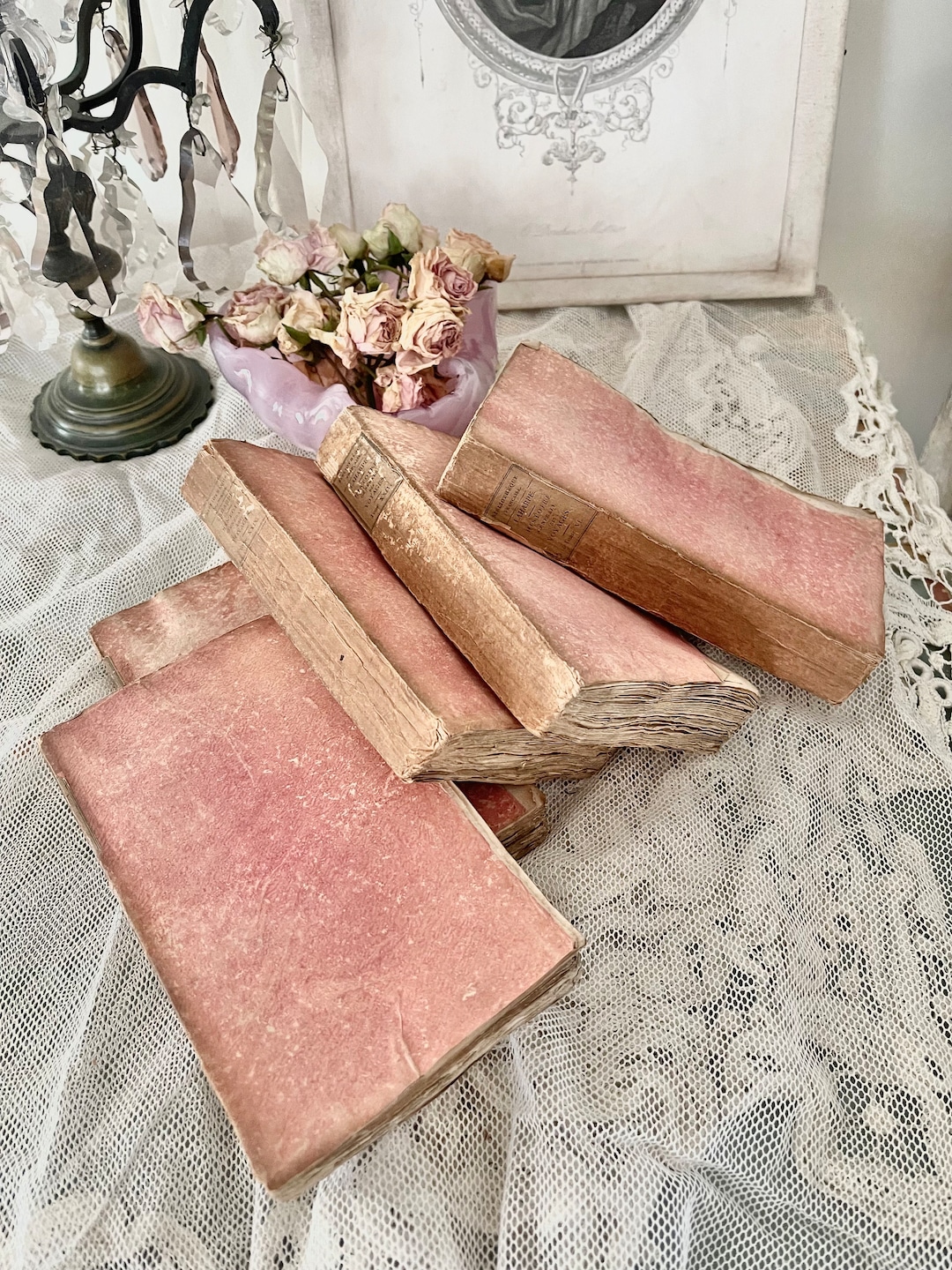 RARE 200 Year Old PINK French Old Paris C1820's Faded Books Set of Two ...
