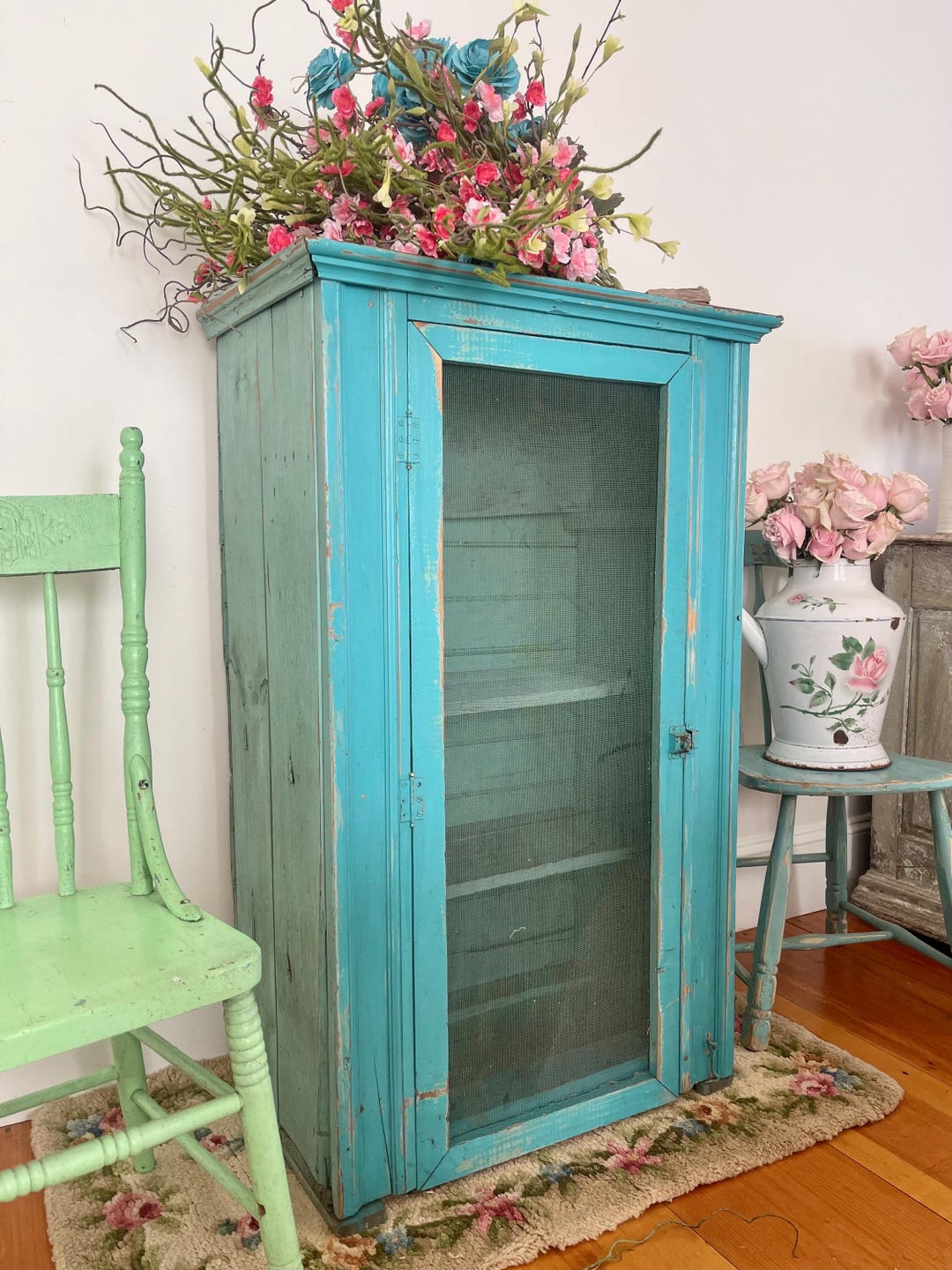 RARE so Incredible Large Antique Pie Safe Pantry Teal With Original ...
