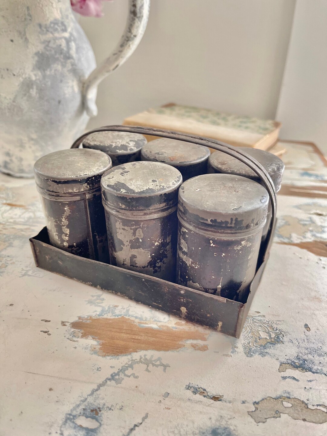 Rare Set of SIX 1800's Farmhouse Tin Spice Canisters With Holder ...