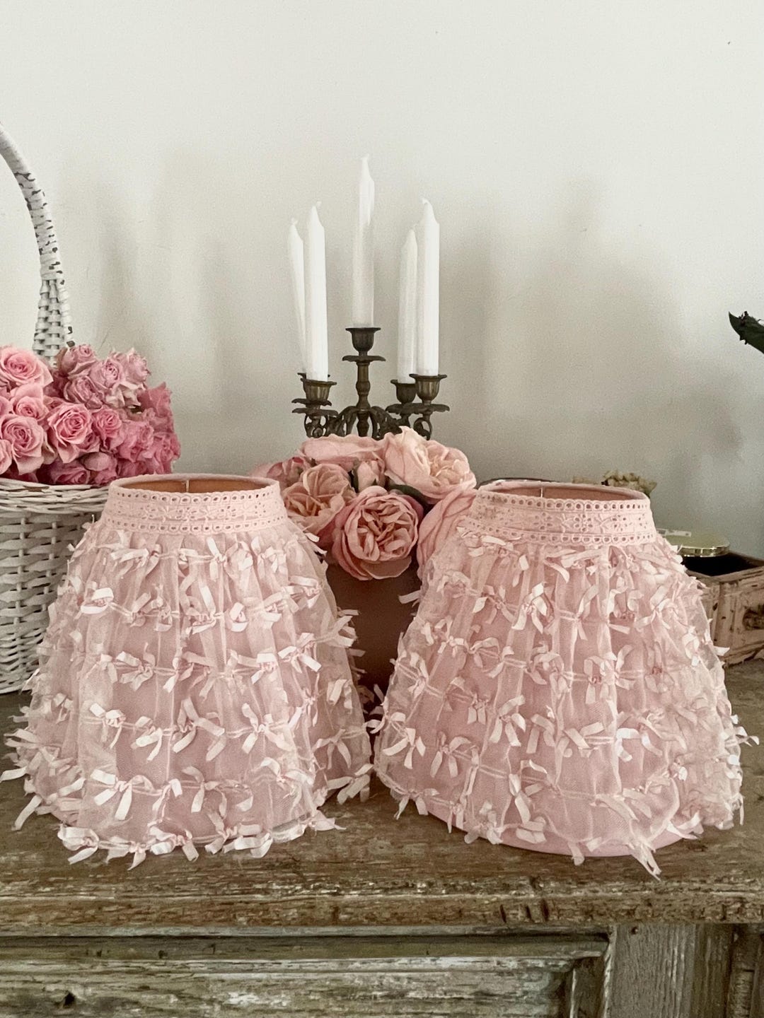 Beautiful Pair of Vintage Hand Made Lace Covered Lamp Shades With ...