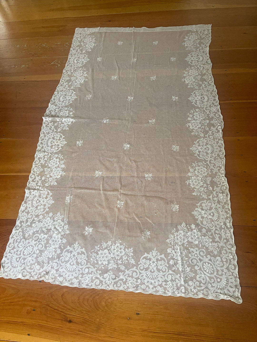 Rare 1930's Genuine Quaker Net Lace Curtain Panel Ornate Embroidery ...