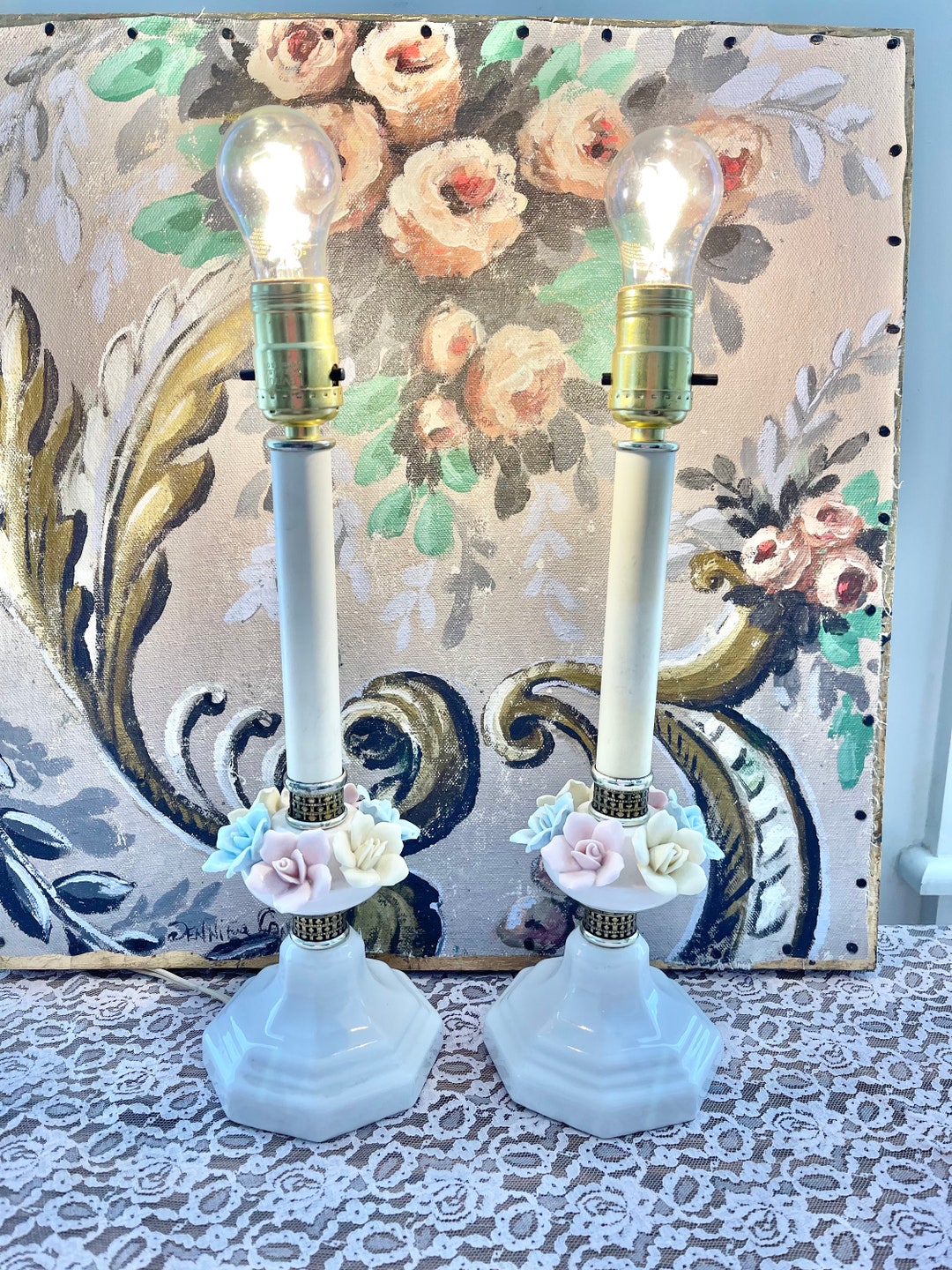 Beautiful Vintage Porcelain Lamps - Pair With Pale Colored Roses Shabby ...