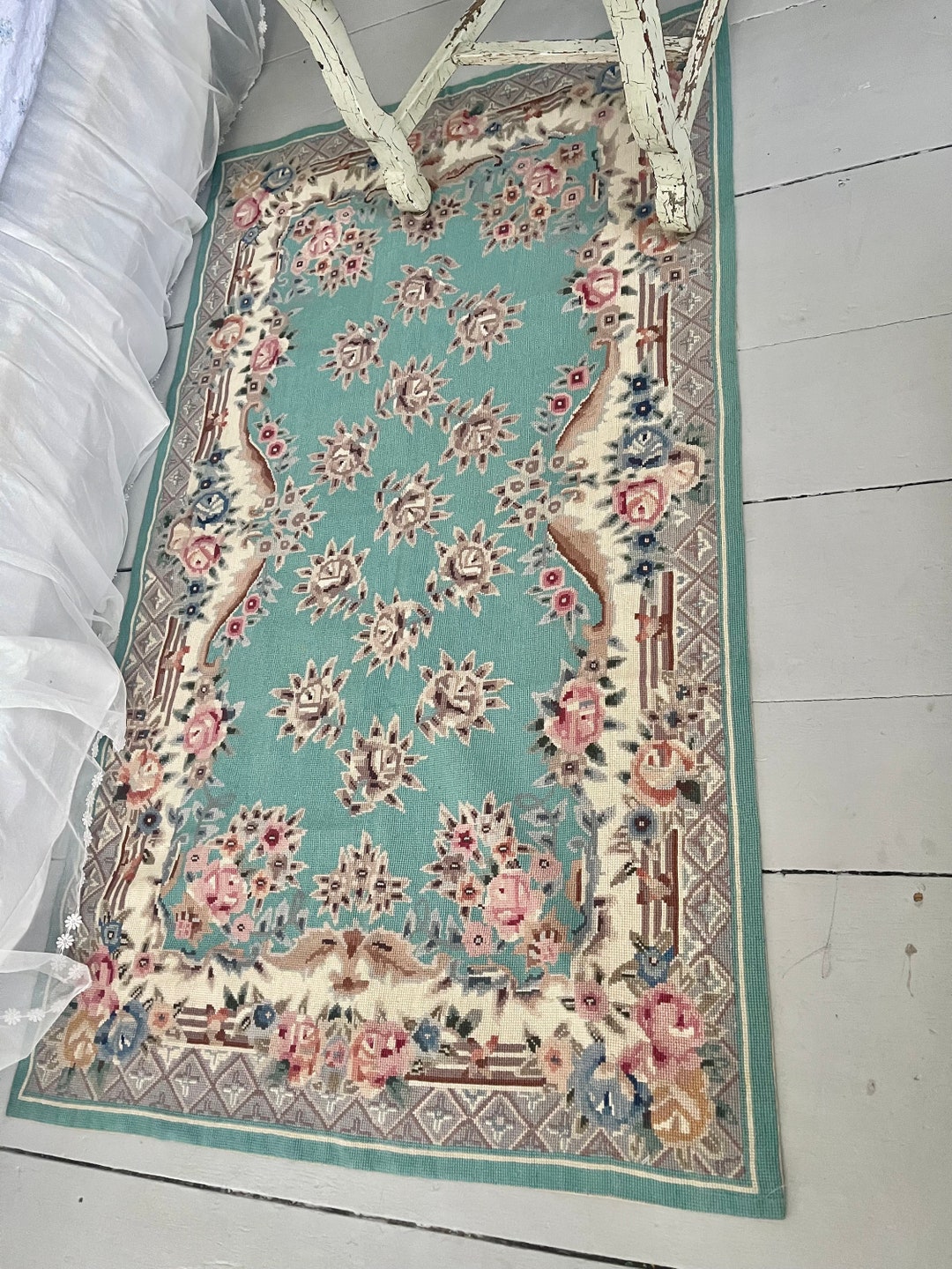 The Prettiest Shabby Chic Blue Hand Made Needlepoint Aubusson Rug Pink ...