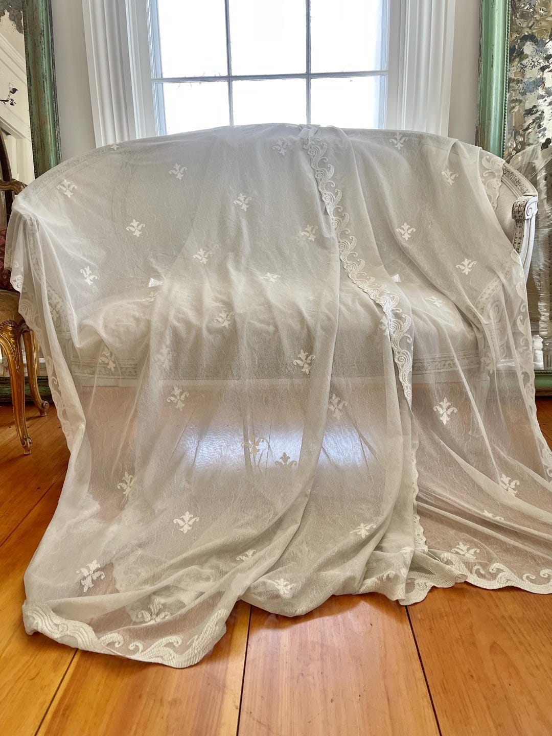 The Prettiest Pair of Vintage Fleur De Lis Lace Net Curtains Wide With ...