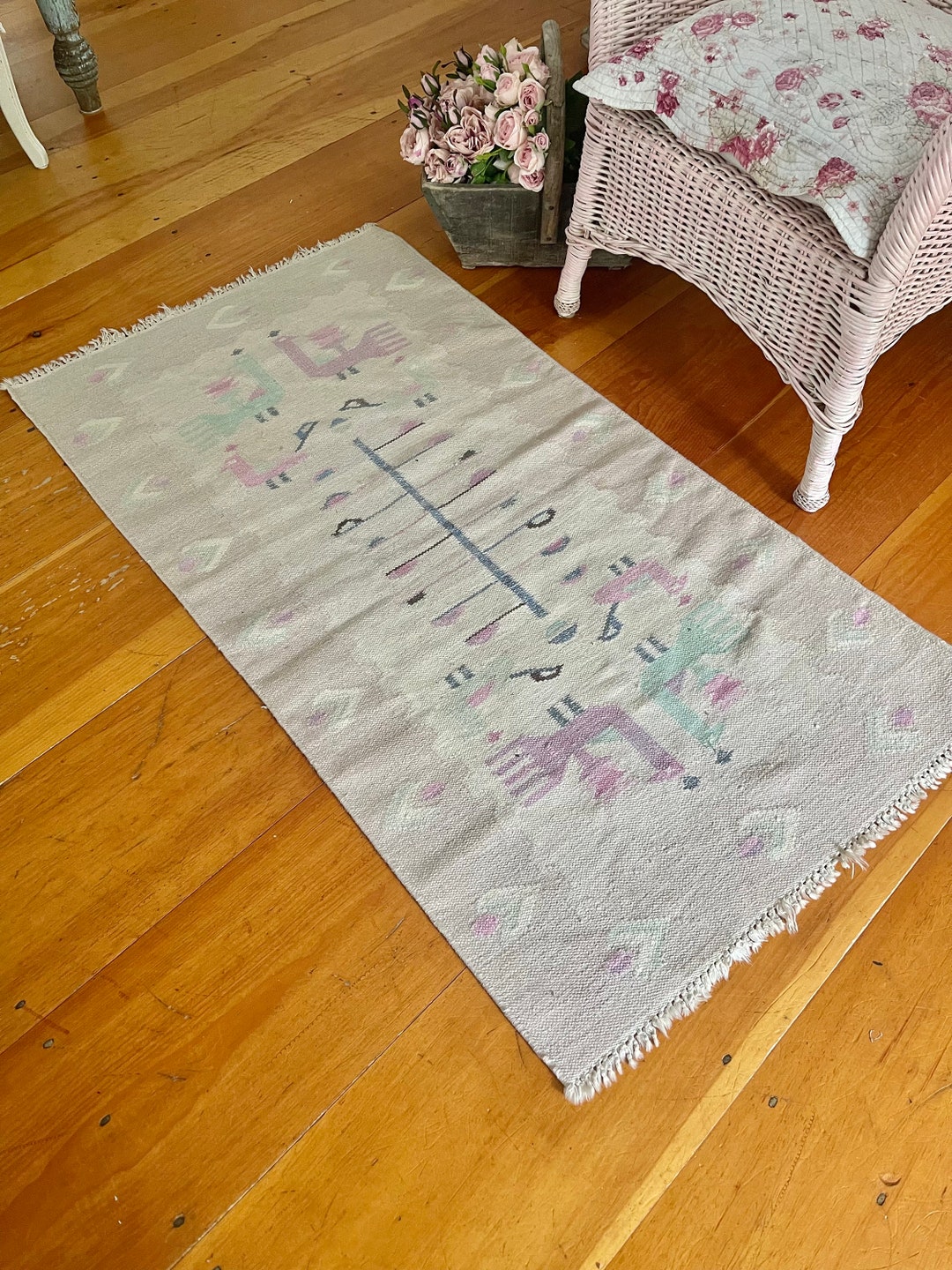 Gorgeous Vintabe Shabby Chic Hand Woven Turkish Rug Pink With Teals on ...