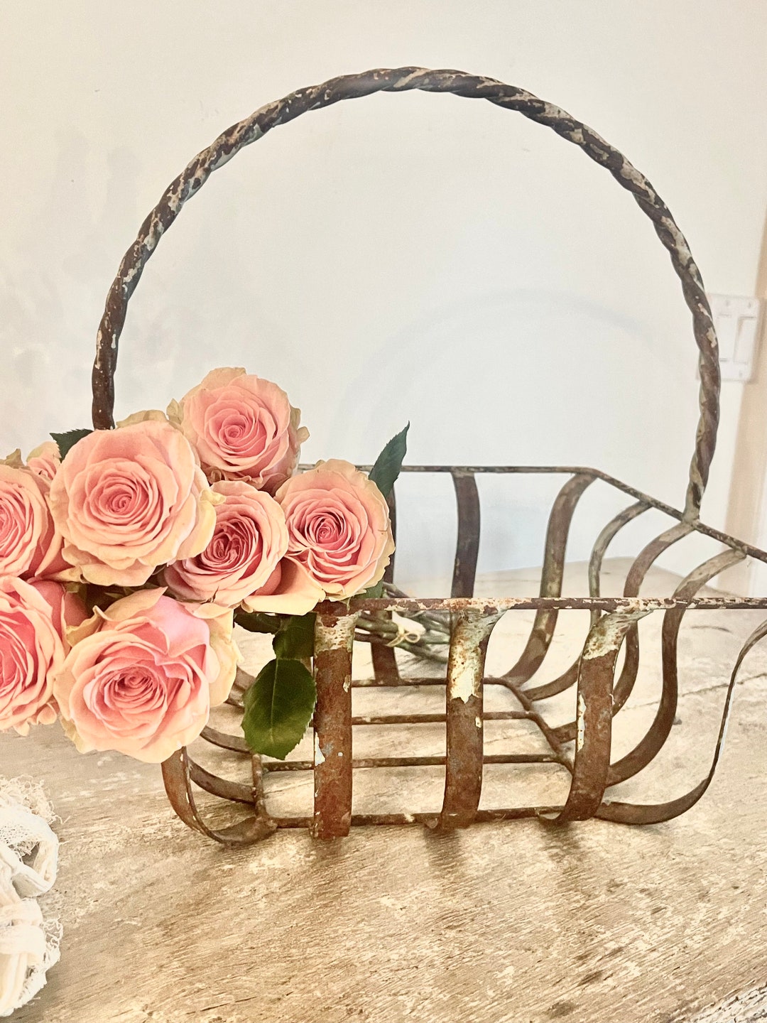 OLD Cast Iron Shabby Farmhouse Procession Chippy Rope Handled Flower ...