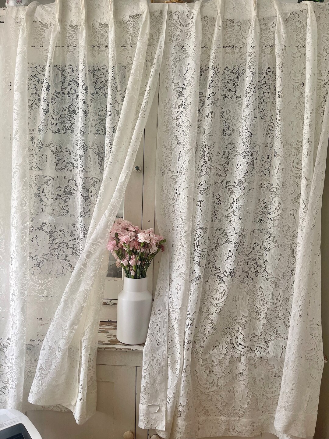The Prettiest Pair of Cream Colored Floral Lace Curtains Pinch Pleat ...