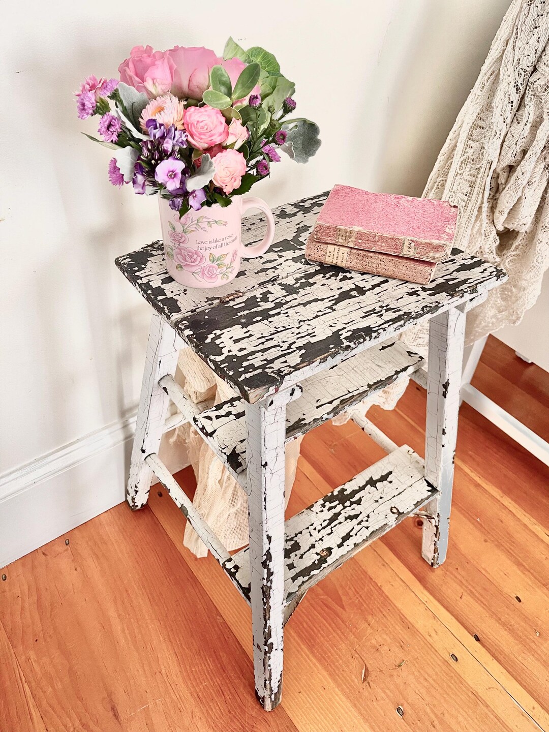 One of the Most Incredible Vintage Chippy Shabby White Step Stool Side ...
