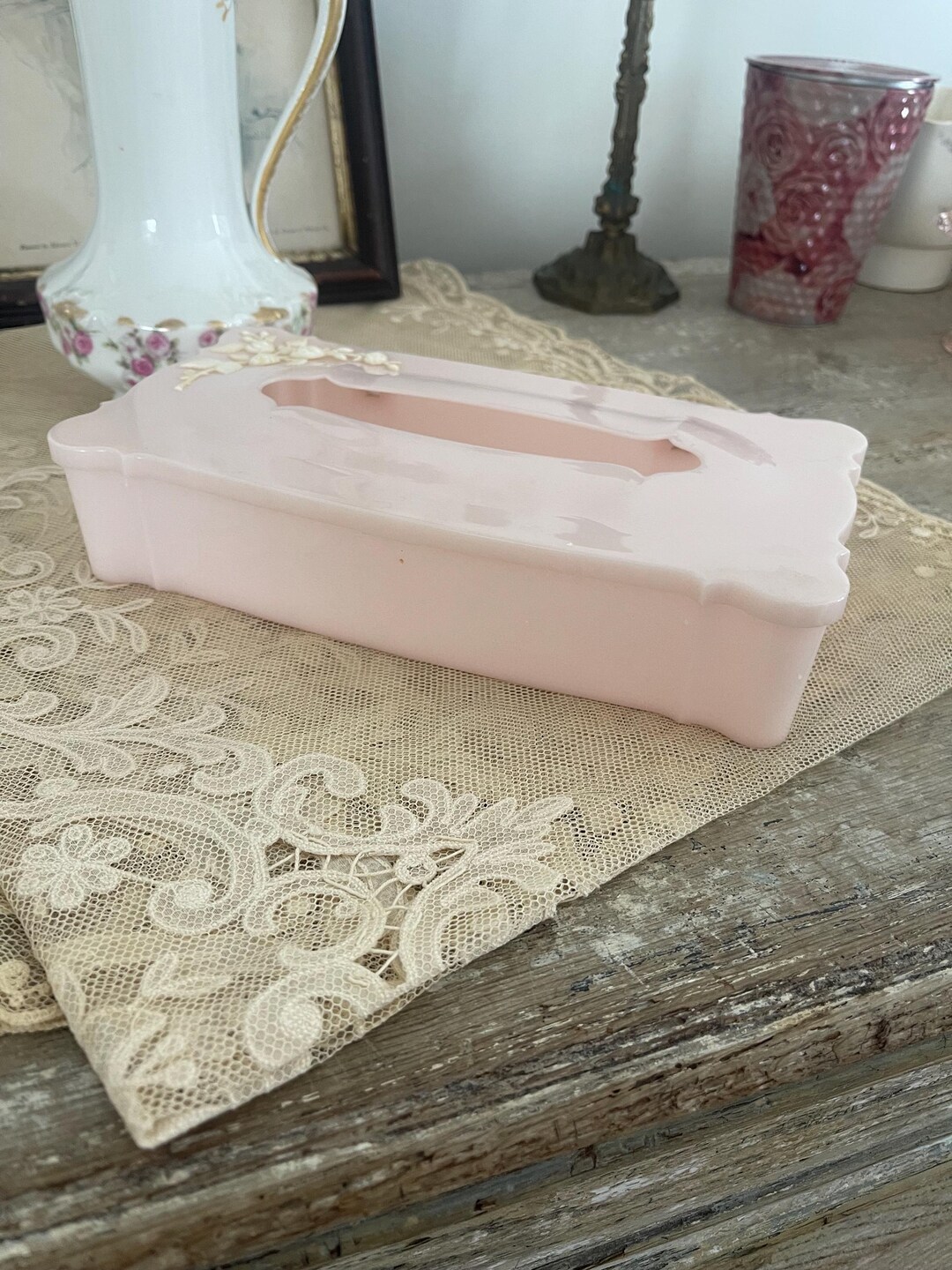 The Sweetest 1960's Pale Pink Tissue Box Holder With White Celluloid ...