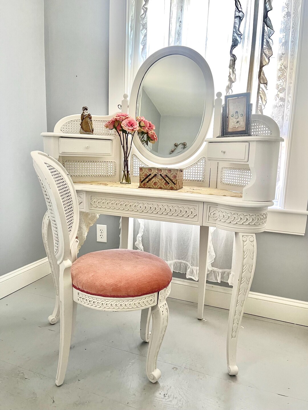 Beautiful Vintage Painted Vanity Cane and Wood Soft White With Turn Key ...