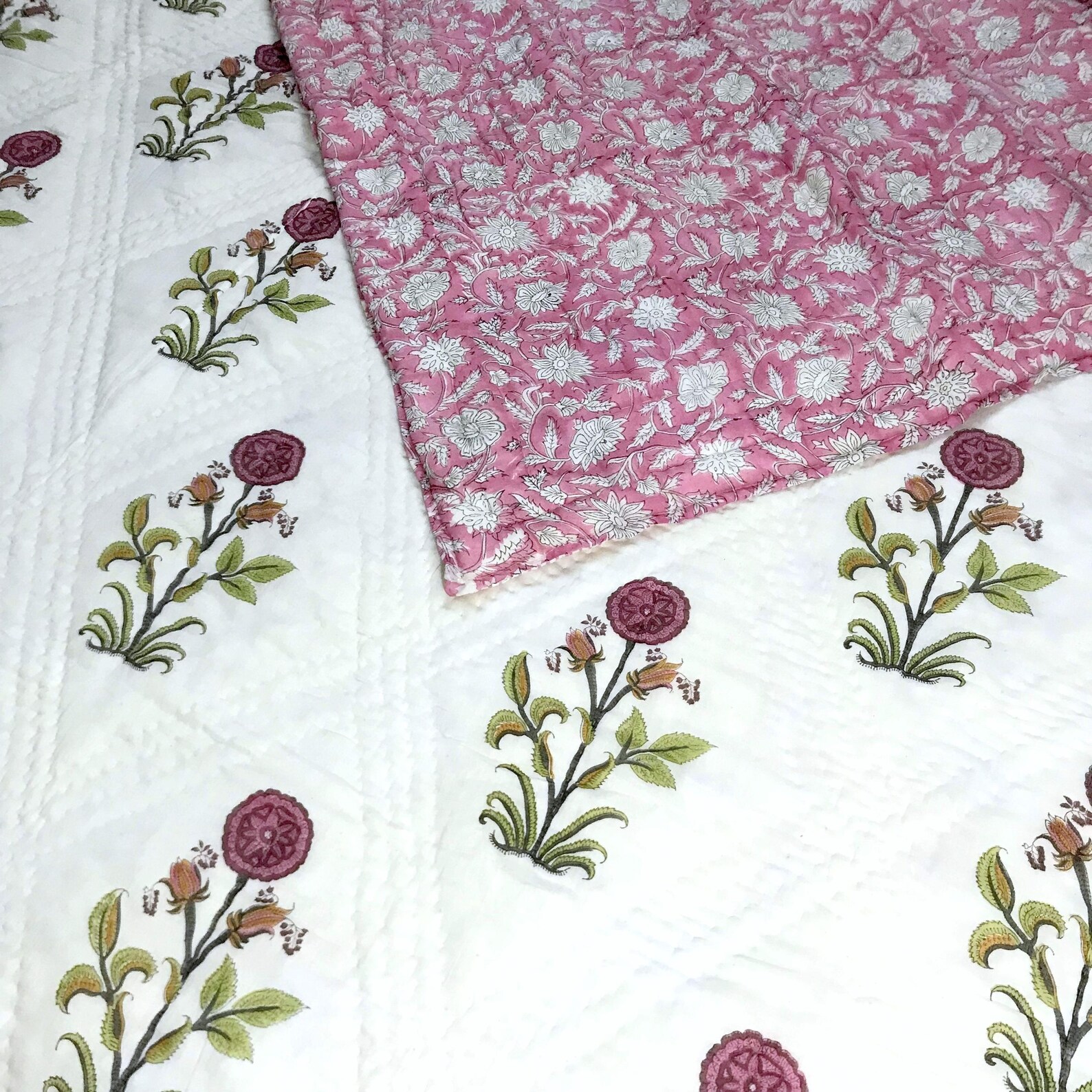 Luxury Pink Block Print Comforter Set, Handmade Floral Quilt ...