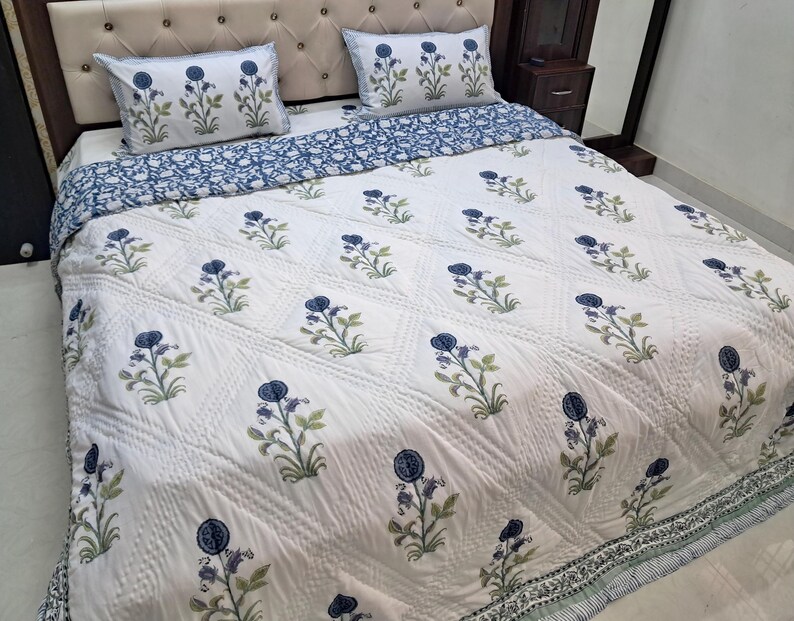 Luxury Pink Block Print Comforter Set, Handmade Floral Quilt ...