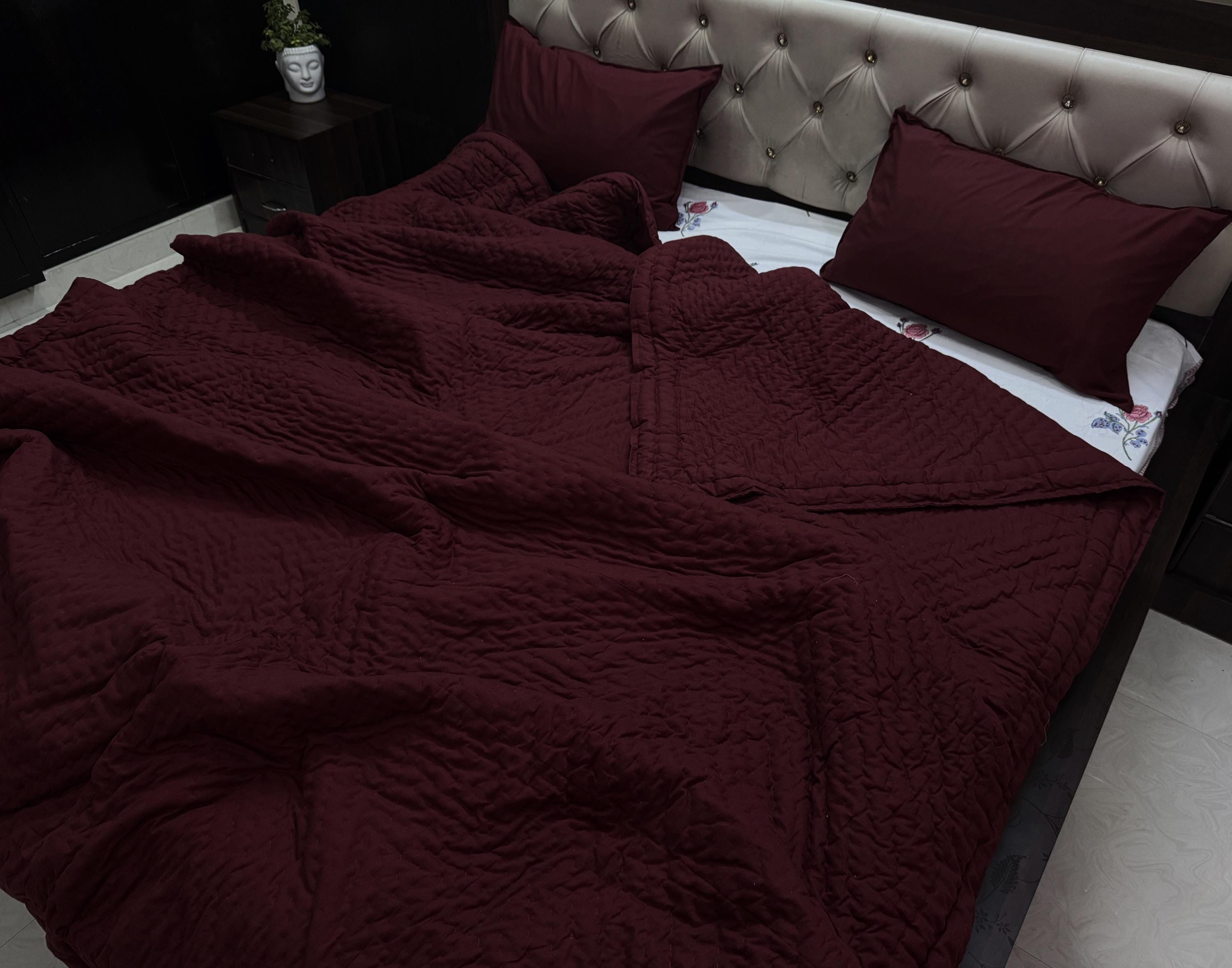 Maroon Red Kantha Quilt, Handmade Cotton Blanket, Boho Throw Coverlet ...