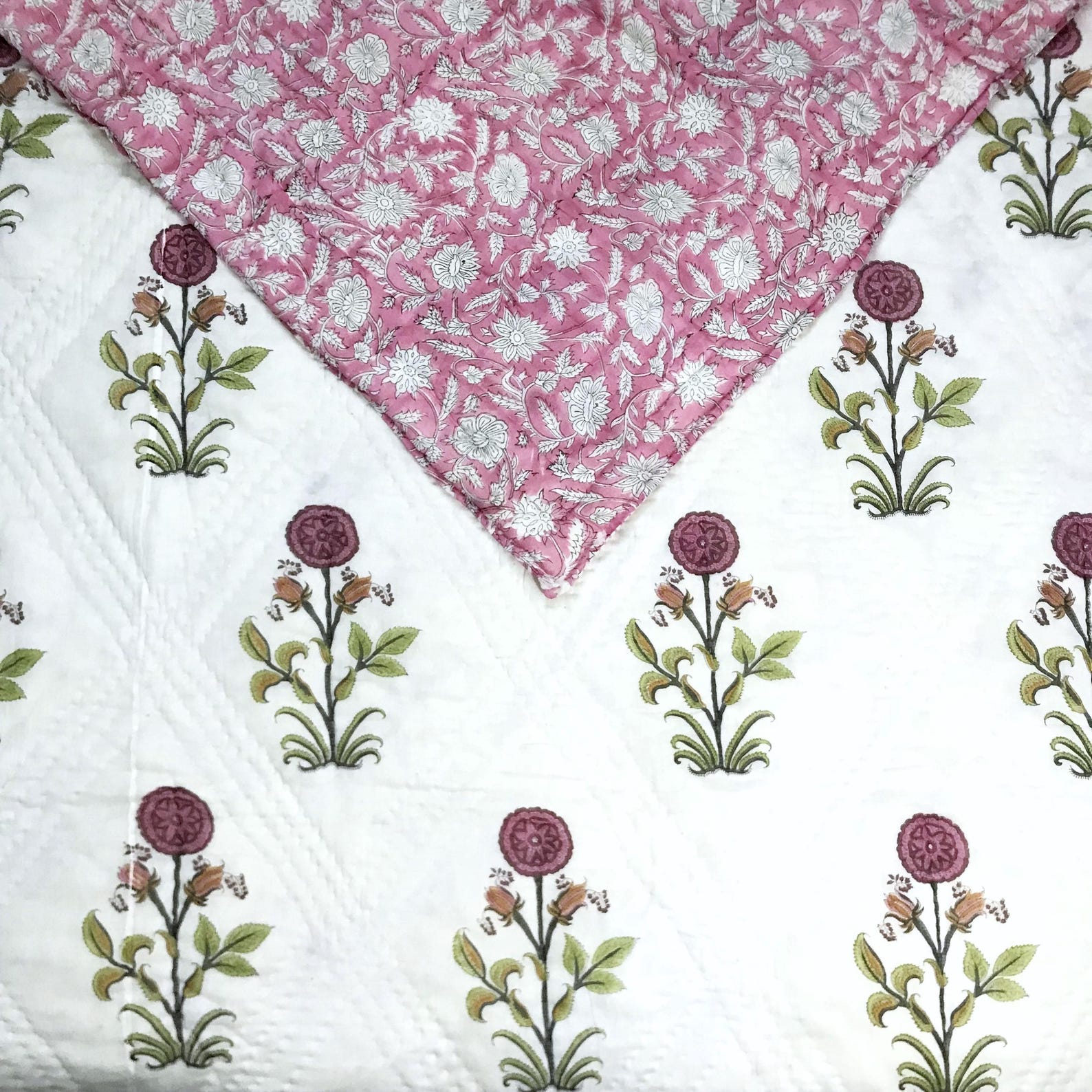 Luxury Pink Block Print Comforter Set, Handmade Floral Quilt ...