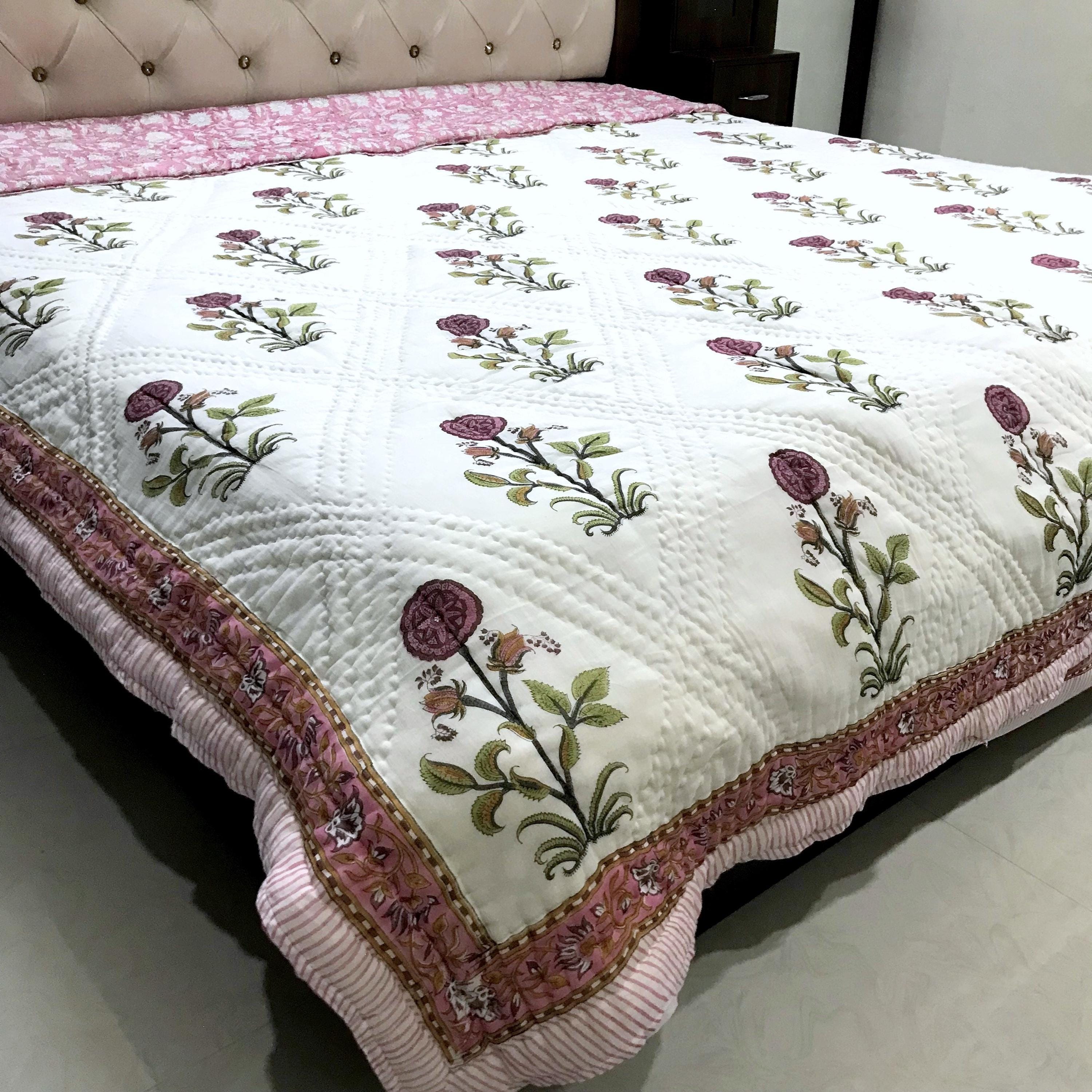 Luxury Pink Block Print Comforter Set, Handmade Floral Quilt ...