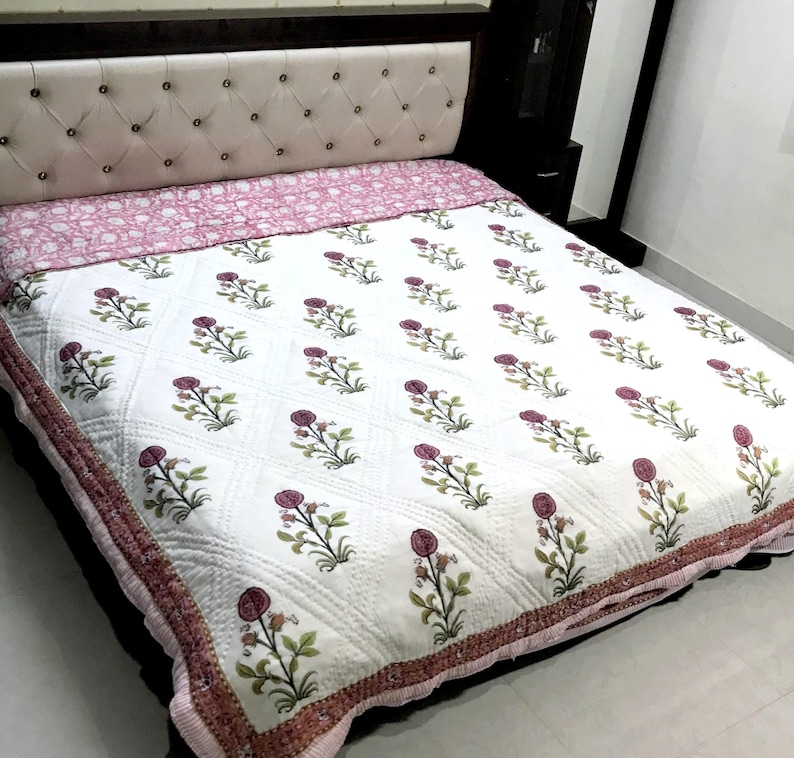 Luxury Pink Block Print Comforter Set, Handmade Floral Quilt ...