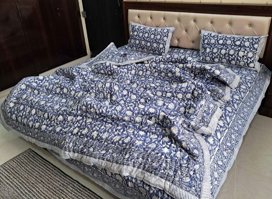 Dark Blue Comforter Set Warm Cotton Quilt, Indigo Bedding Comforter Set ...