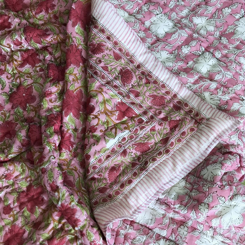 Luxury Block Print Pink Floral Comforter, Handmade Cotton Quilt, Floral ...