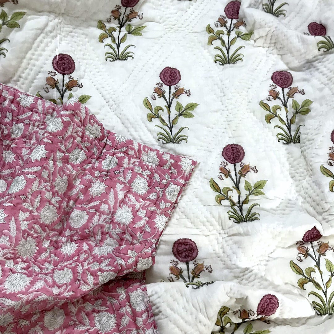 Pink Floral Block Print Cotton Comforter Set, Reversible Boho Quilt ...