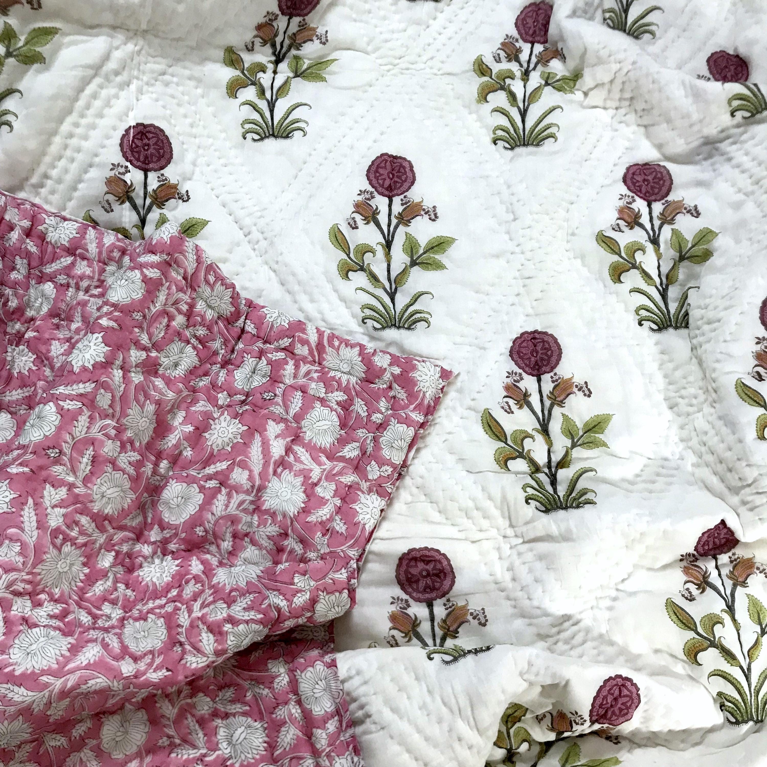 Luxury Pink Block Print Comforter Set, Handmade Floral Quilt ...