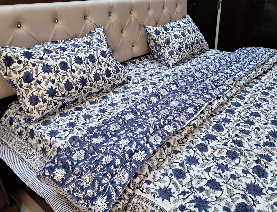 Indigo Blue Comforter Set Warm Cotton Quilt Bedsheet With Shams -twin ...