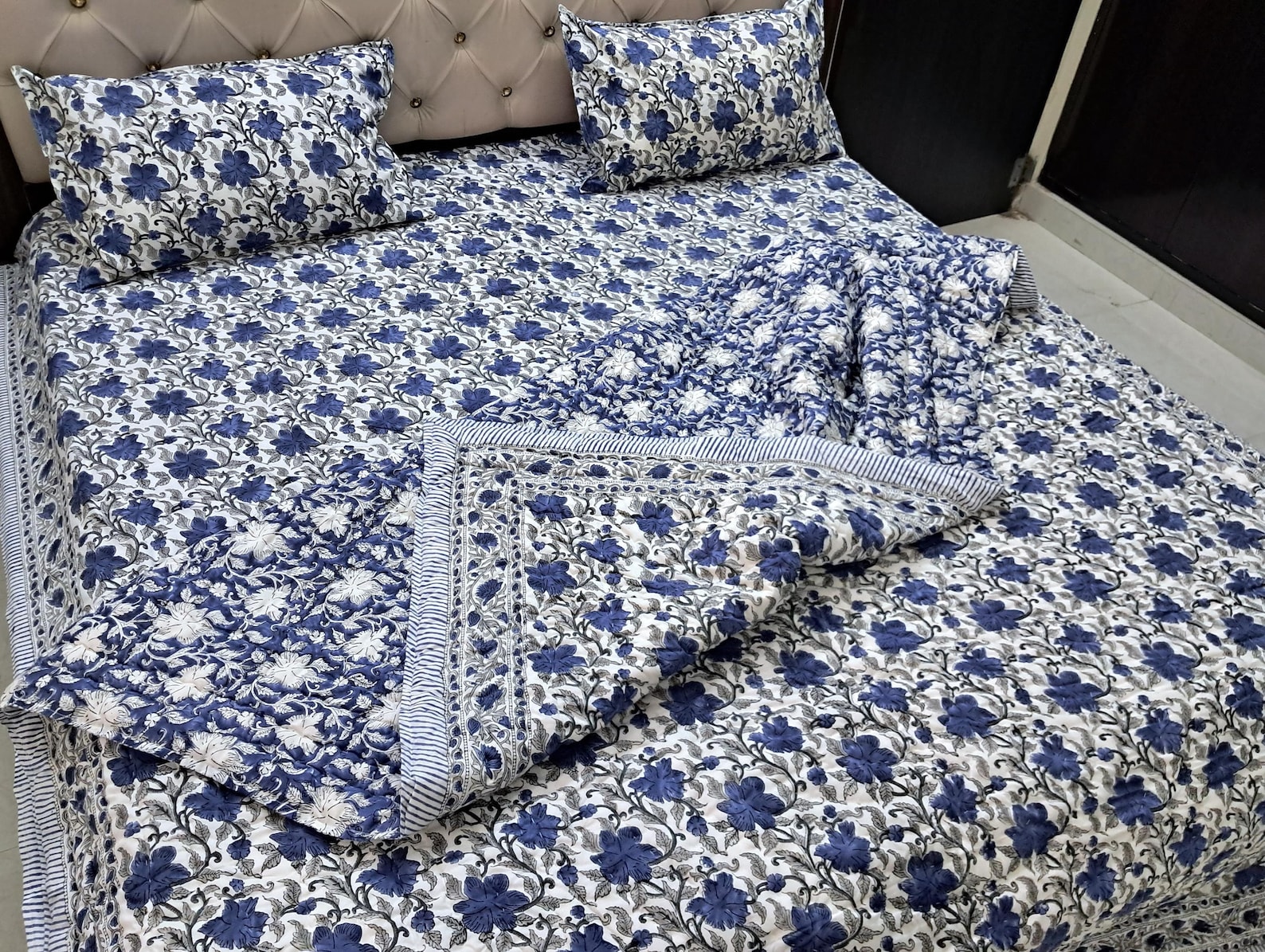 Navy Blue Hand Block Print Floral Comforter Set Cotton Quilt Bed Sheet ...