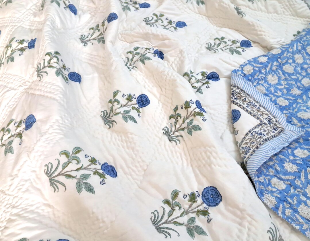Handmade Block Printed Blue Floral Quilt | Cozy Cotton Bedding Throw ...