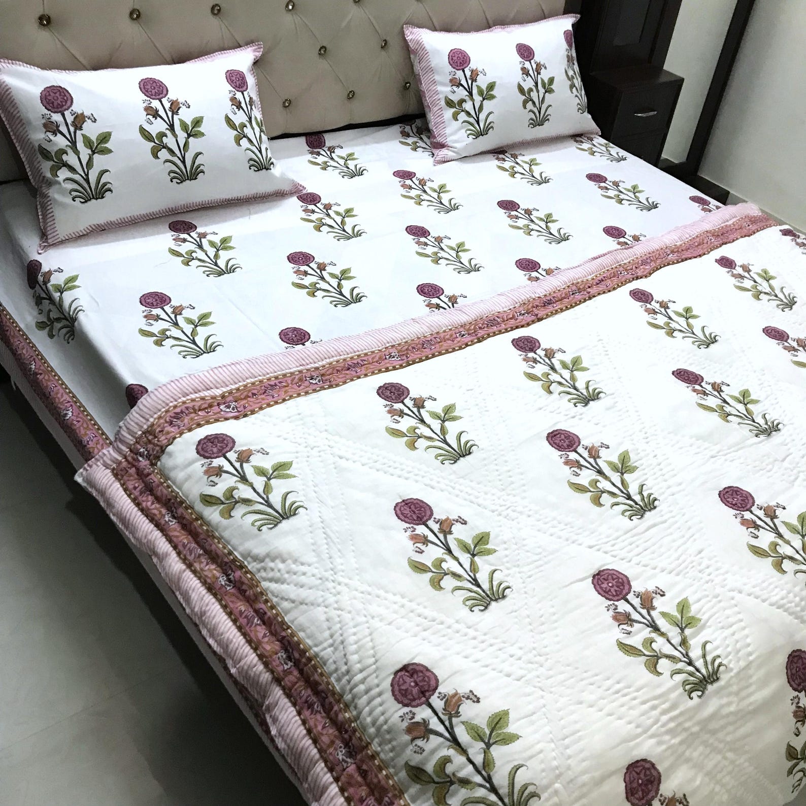 Luxury Pink Block Print Comforter Set, Handmade Floral Quilt ...