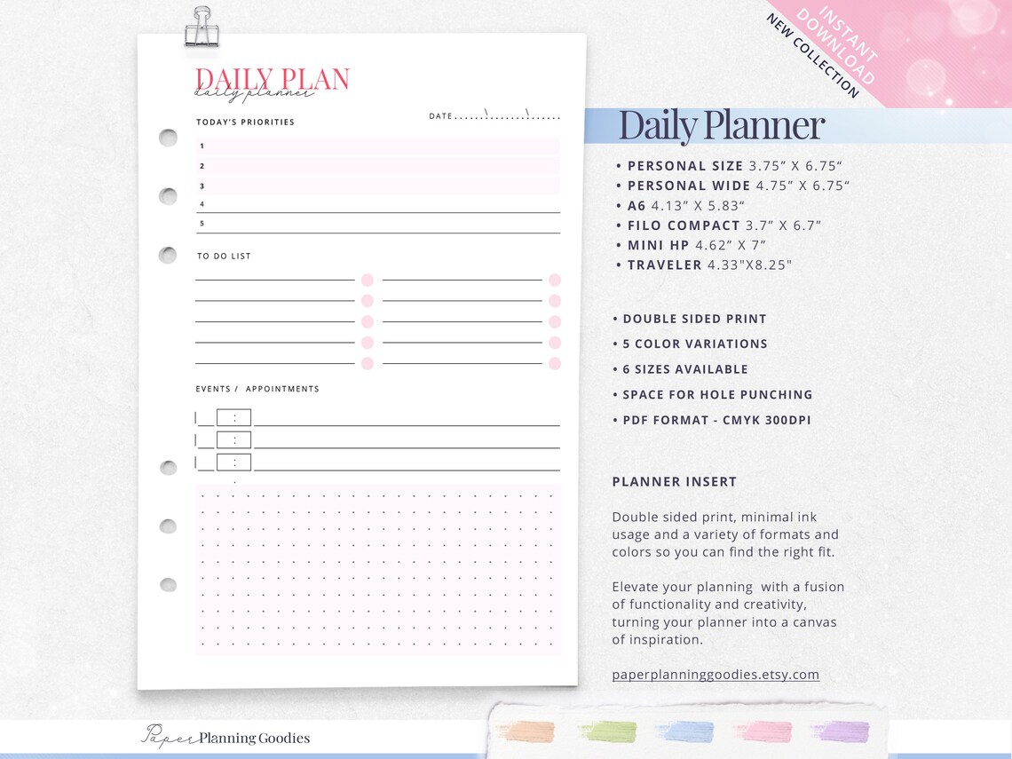 Personal Size Daily Planner | A6 Daily Insert | Personal Wide Template ...