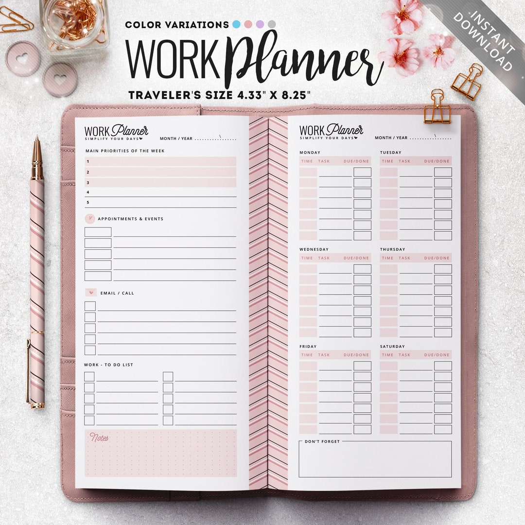 Traveler's Notebook Work Planner, Printable TN, TN Work Planner, Work ...