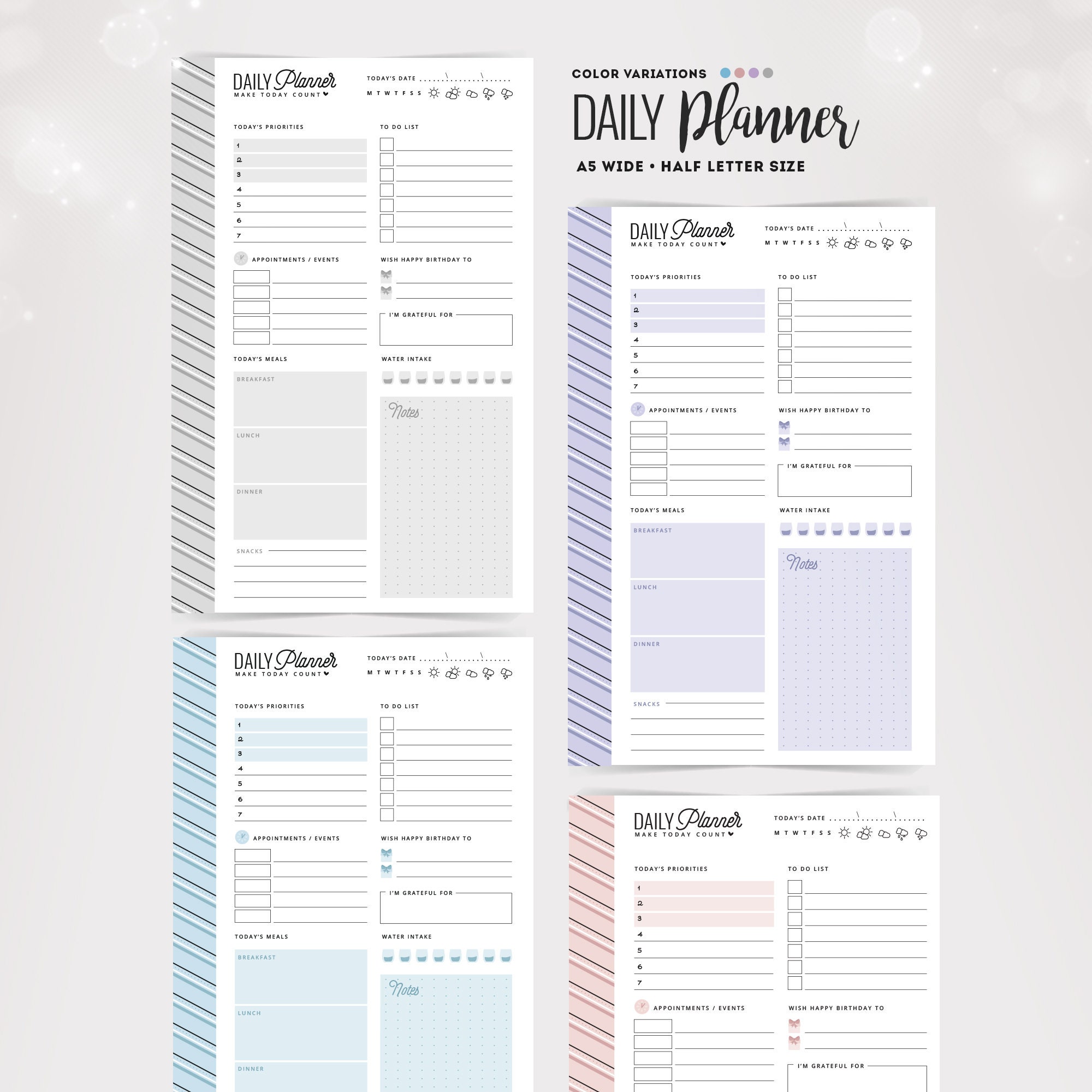 A5 Wide Daily Planner Printable, Half Letter Size (PDF) - Etsy