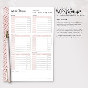 Work Planner, Happy Planner Insert, A5 Planner Insert, Work Schedule ...