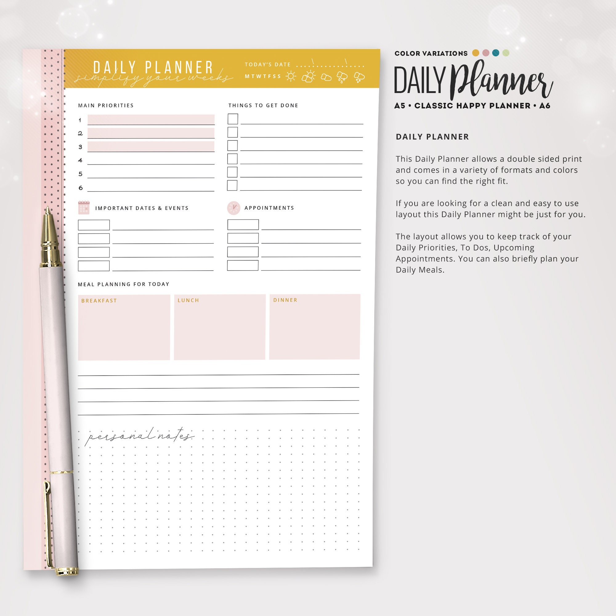 Daily Planner Printable Happy Planner Insert HP Classic A5 - Etsy