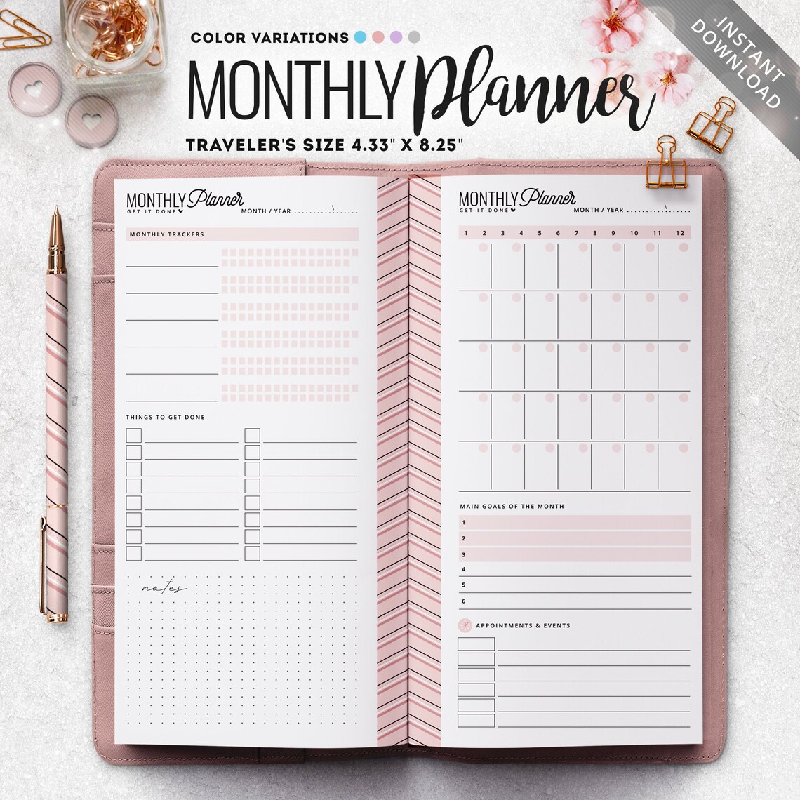 Traveler's Notebook Monthly Planner Insert, 4.33x8.25 (digital Download ...