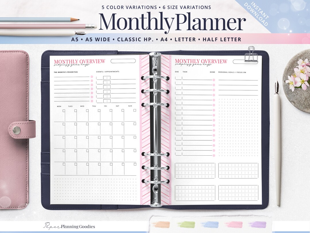 Printable Monthly Overview, Month at a Glance, Monthly Planner Undated ...