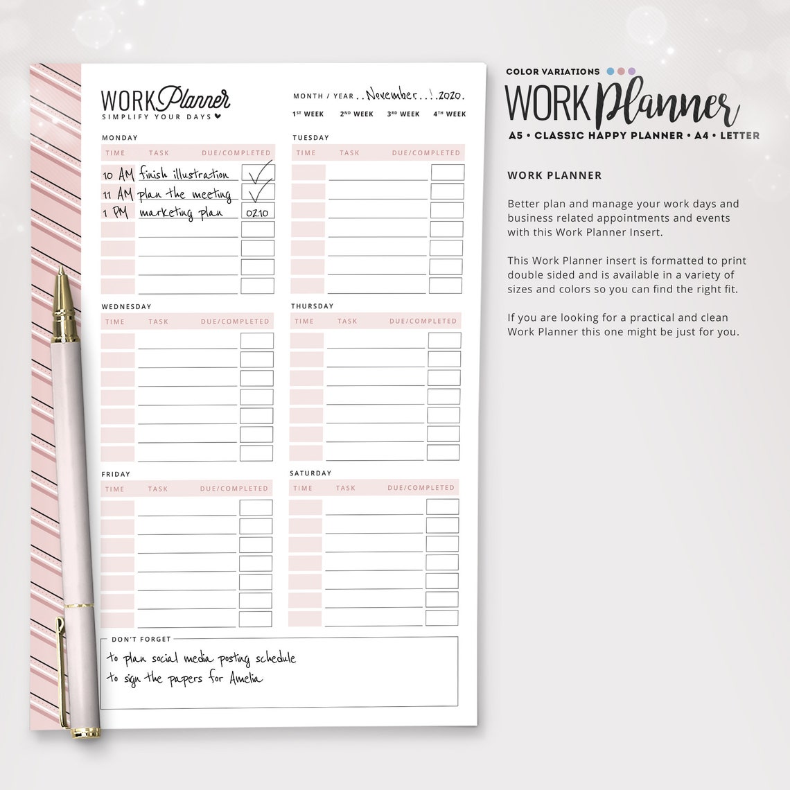 Work Planner Happy Planner Insert A5 Planner Insert Work - Etsy