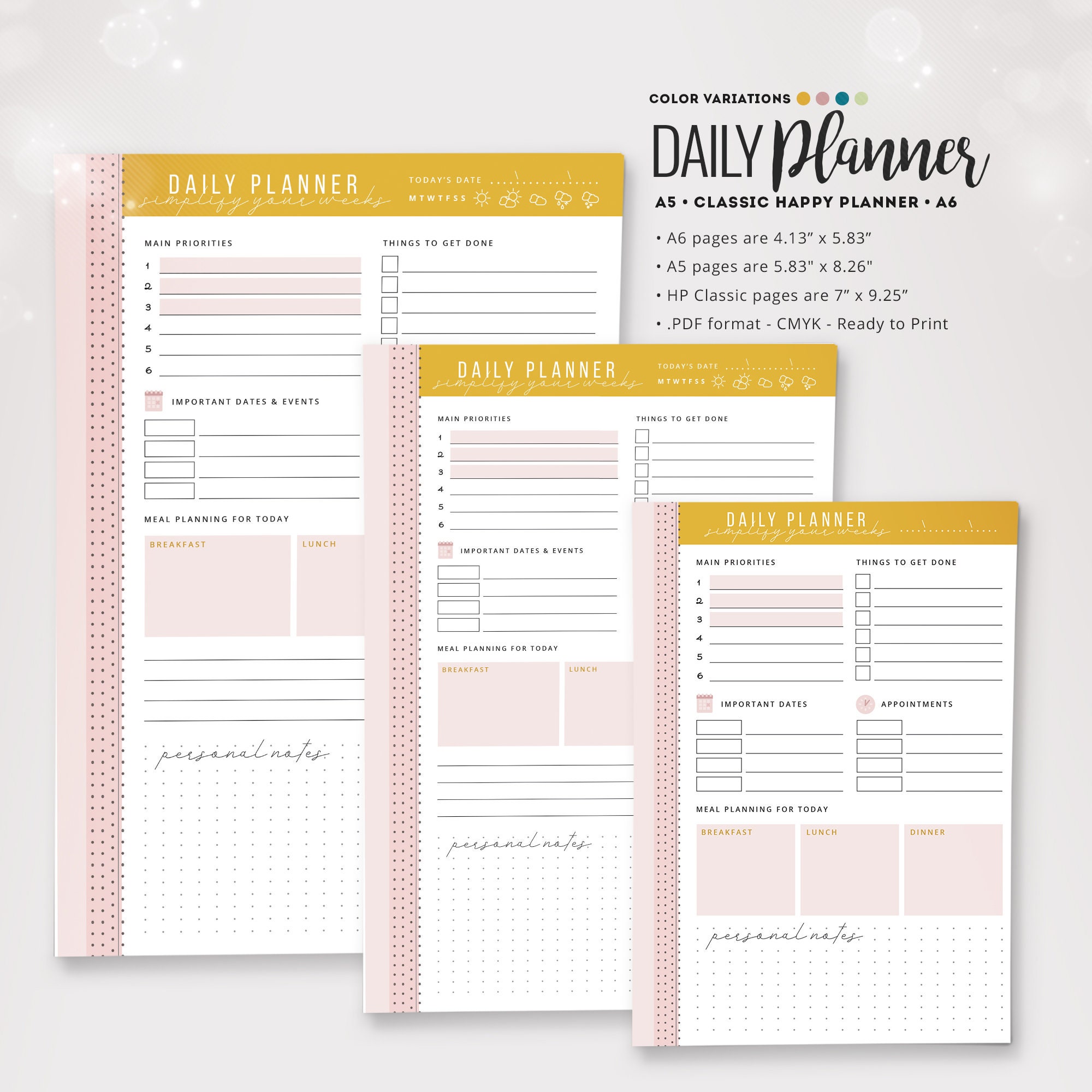 Daily Planner Printable Happy Planner Insert HP Classic A5 - Etsy