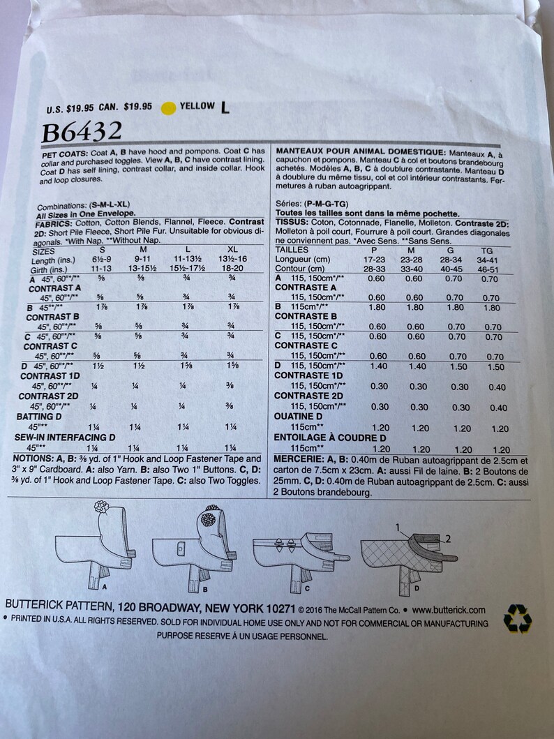 Butterick B6432 Uncut Sewing Pattern for Dog Pet Coats in 4 | Etsy