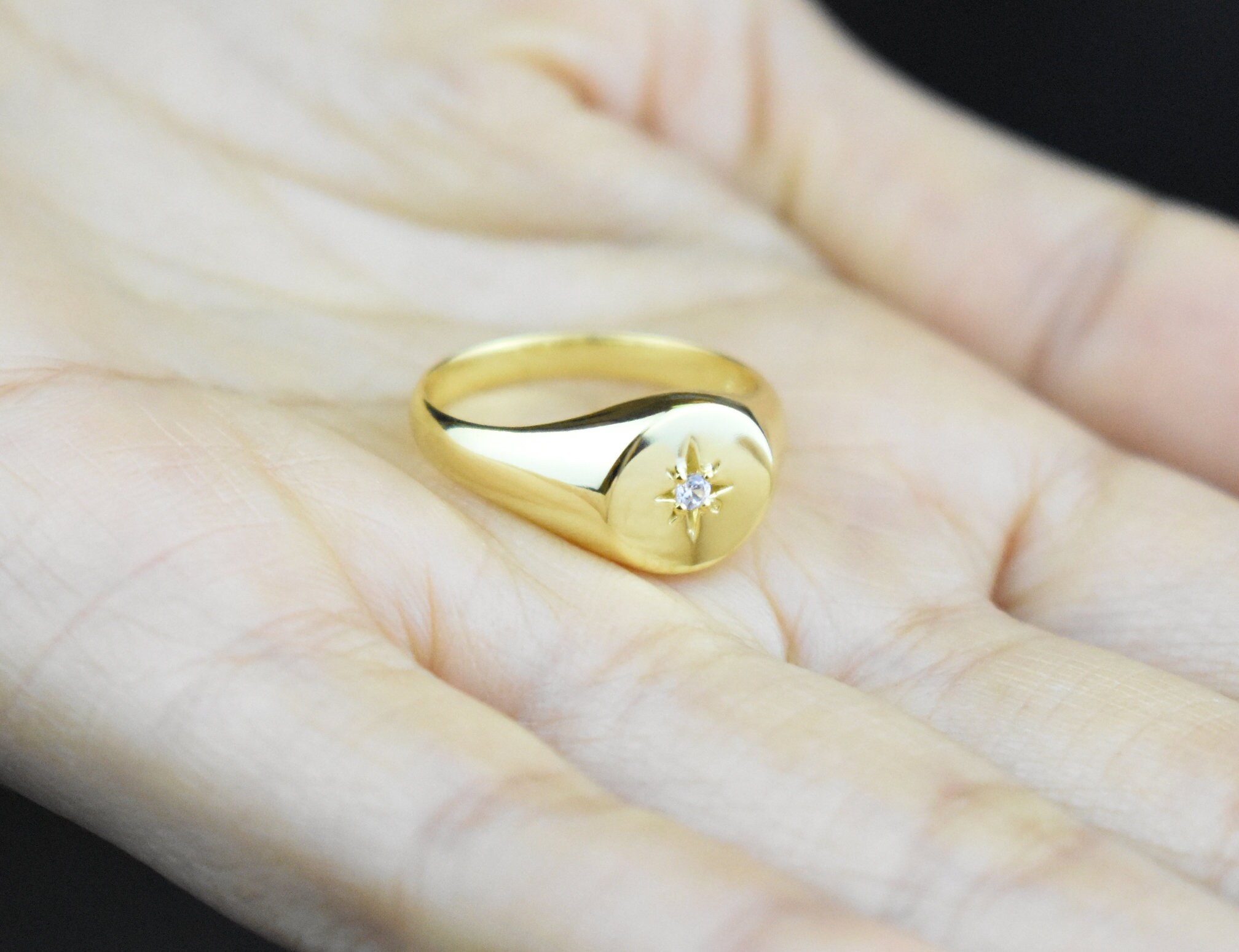 18k Gold Filled Signet Ring Cz North Star Gold Ring - Etsy UK