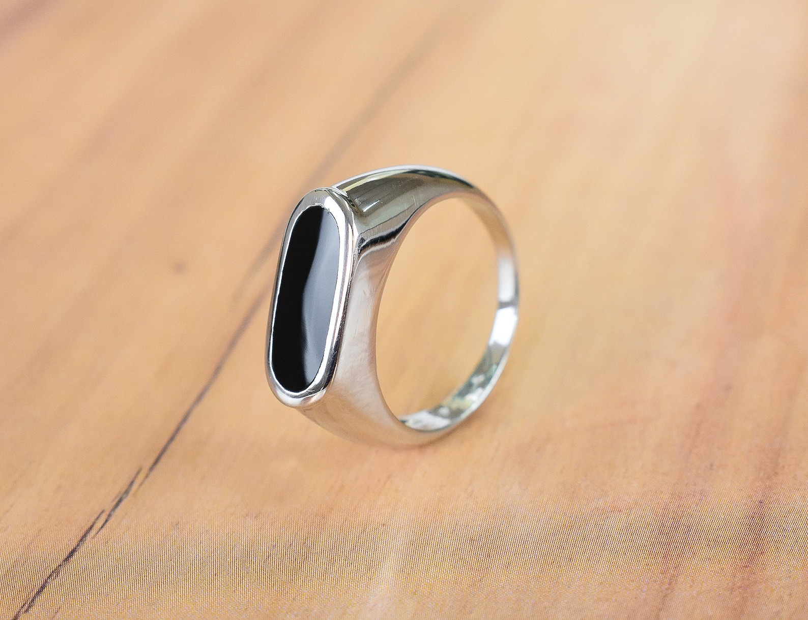 Silver Signet Ring Black Onyx Ring Flat Silver Ring Inlay | Etsy
